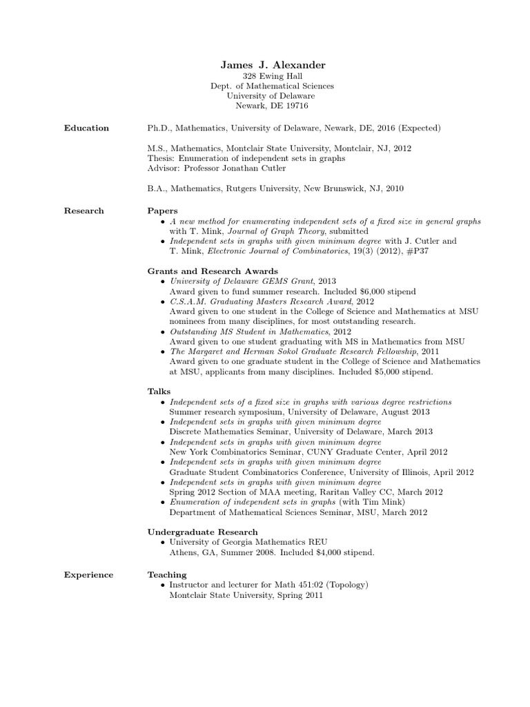 James Alexander CV, 9/18/13 | PDF | Teaching Mathematics | Mathematical ...