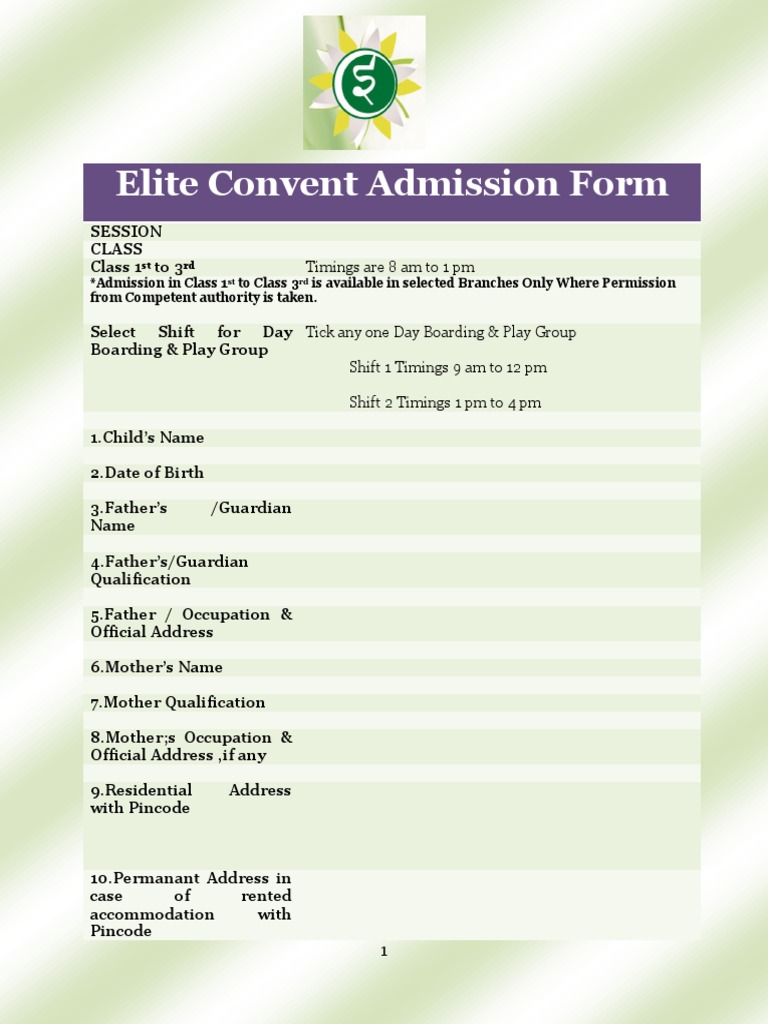 Elite Convent Admission Form | PDF