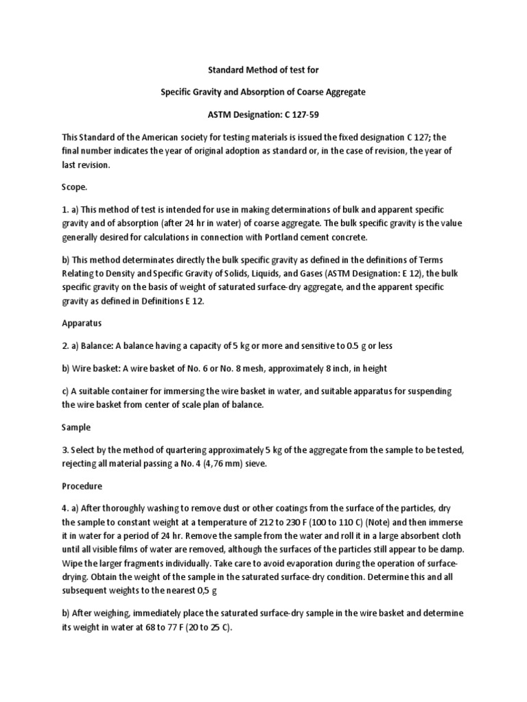 Standard Method of Test For Specific Gravity and Absorption of Coarse ...