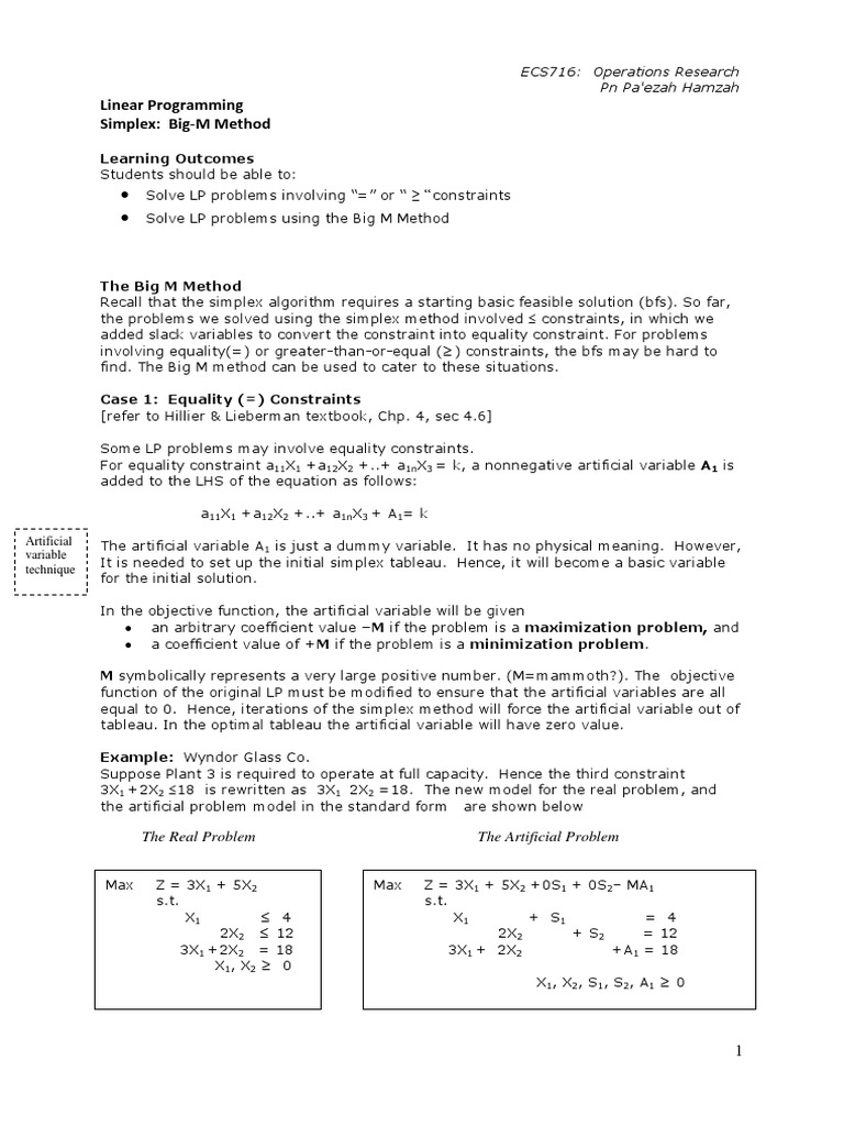 Linear Programming Simplex: Big-M Method: Learning Outcomes | PDF | Mathematical Optimization ...