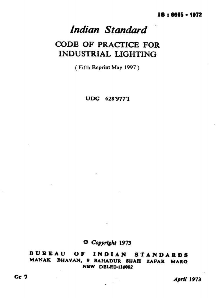 Indian Standard: Code of Practice For Industrial Lighting | PDF