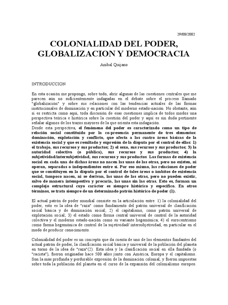 Anibal Quijano Colonialidad Del Poder Globalizacion y Democracia | PDF ...
