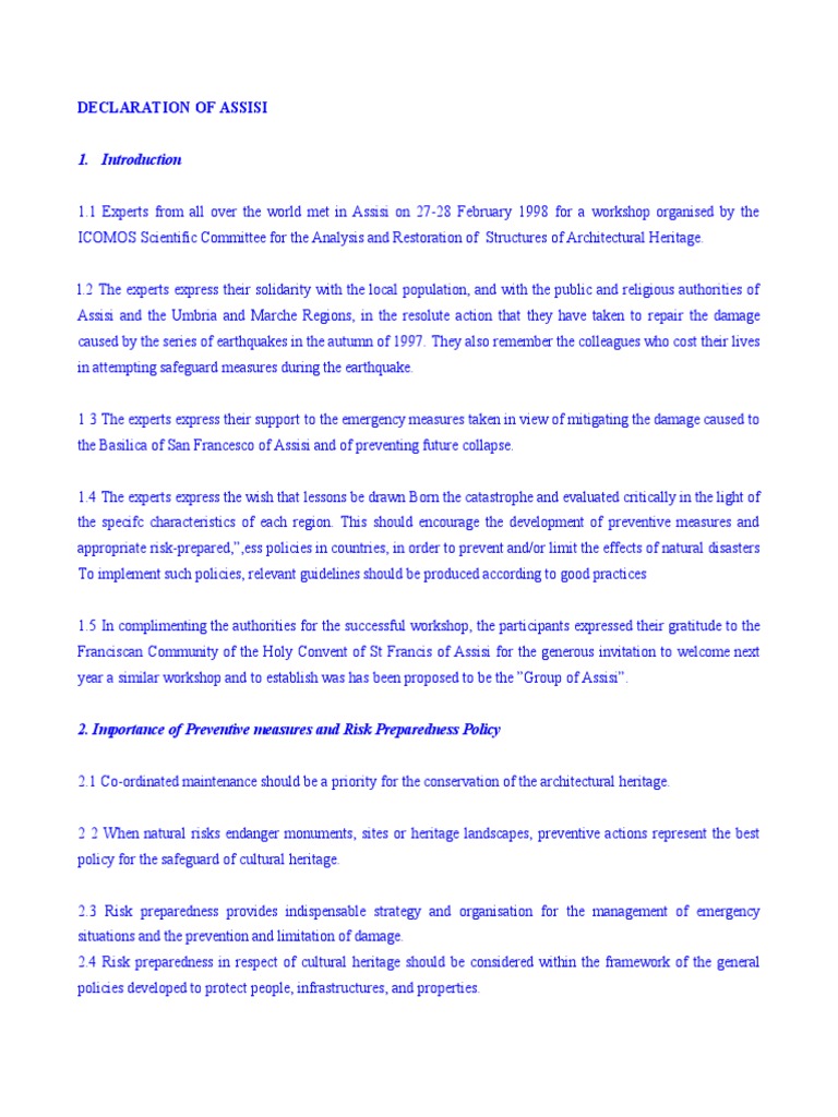 2000.02.28 Declaration of Assisi | PDF | Risk Assessment | Emergency