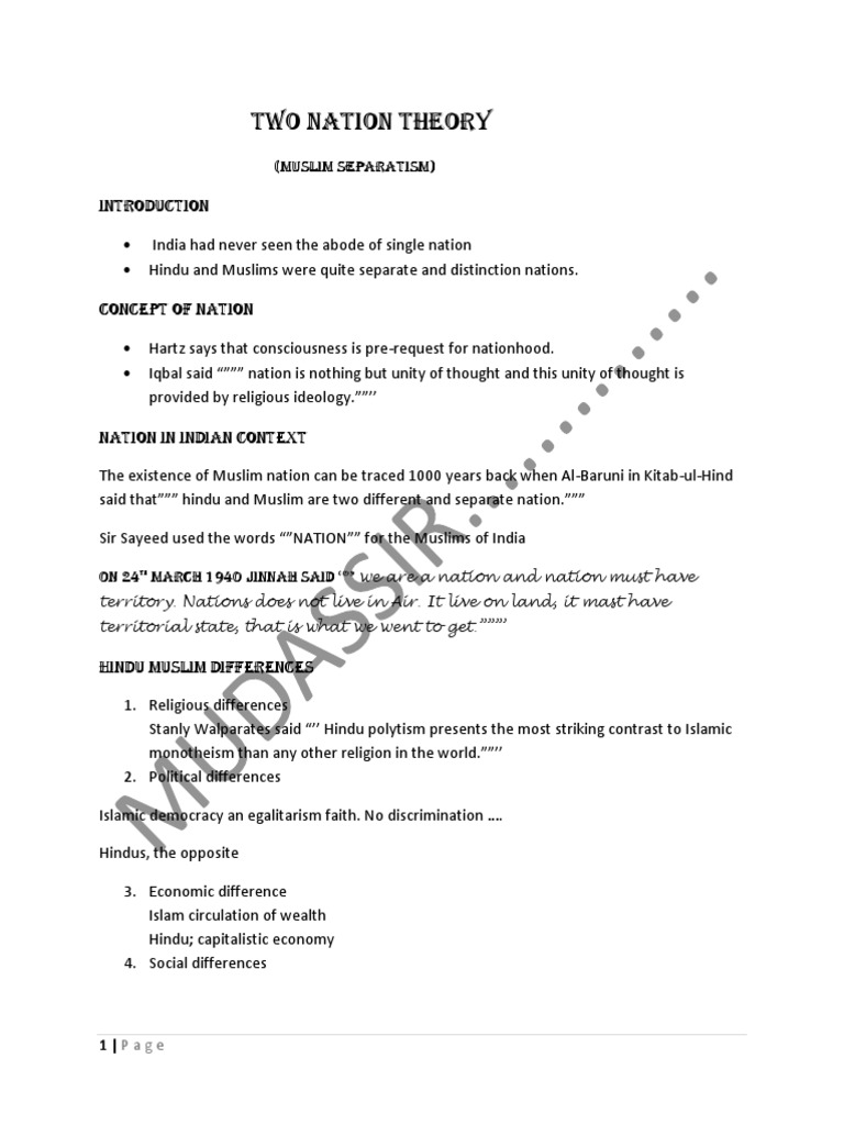 Two Nation Theory: (Muslim Separatism) | PDF | Two Nation Theory ...