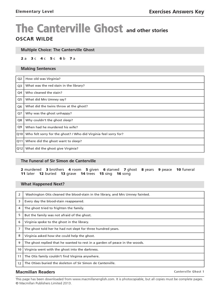 Canterville Ghost Exercises Answers Key | PDF