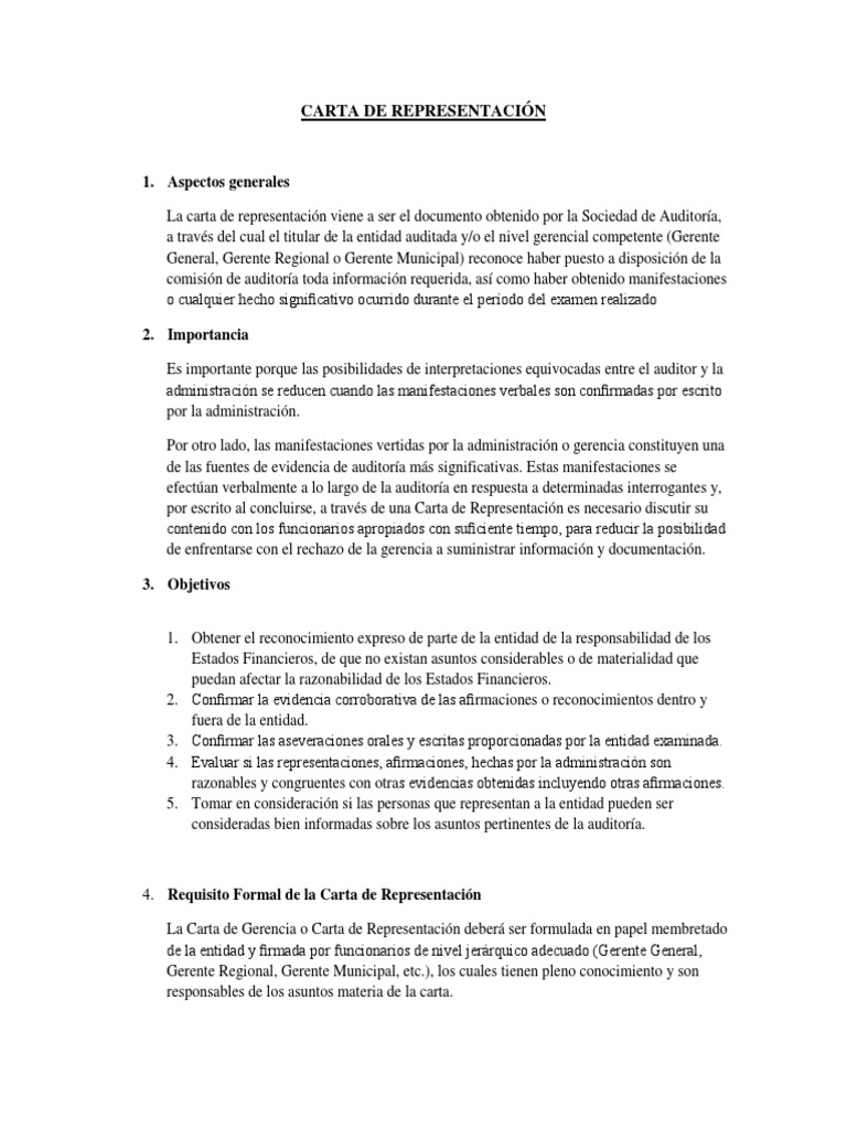 CARTA DE REPRESENTACIÓN y CARTA A LA GERENCIA | Auditoría financiera ...