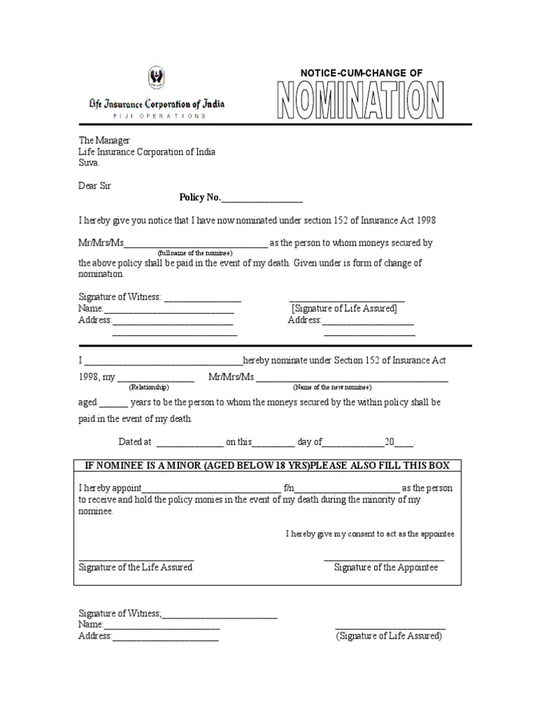 LIC Nominee Change Application Form | PDF