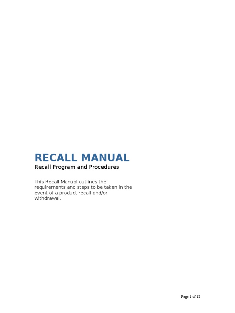 Recall Manual: Recall Program and Procedures | Download Free PDF | Food ...