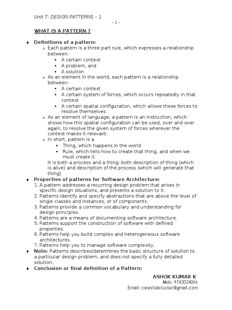 What Is A Pattern ? Definitions of A Pattern:: Unit 7: Design Patterns ...