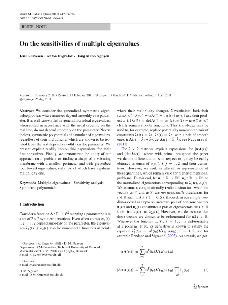 On The Sensitivities of Multiple Eigenvalues: Anton Evgrafov Dang Manh Nguyen | PDF ...