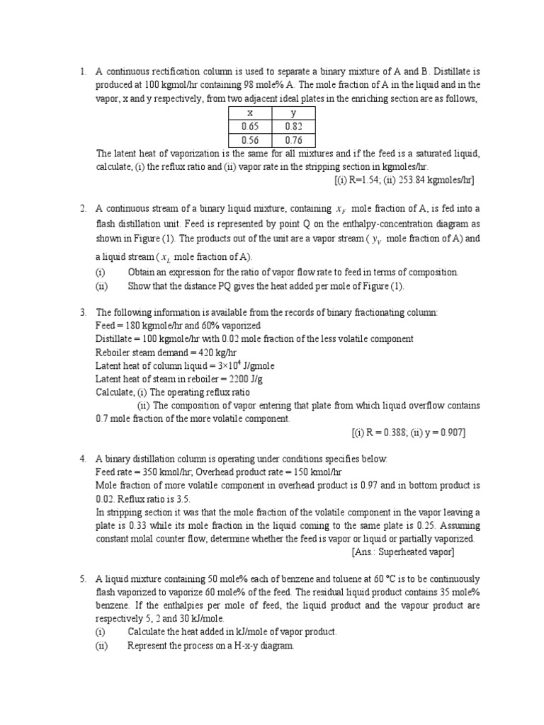 Analysis of a Continuous Rectification Column Separating a Binary Mixture Using Component Mole ...