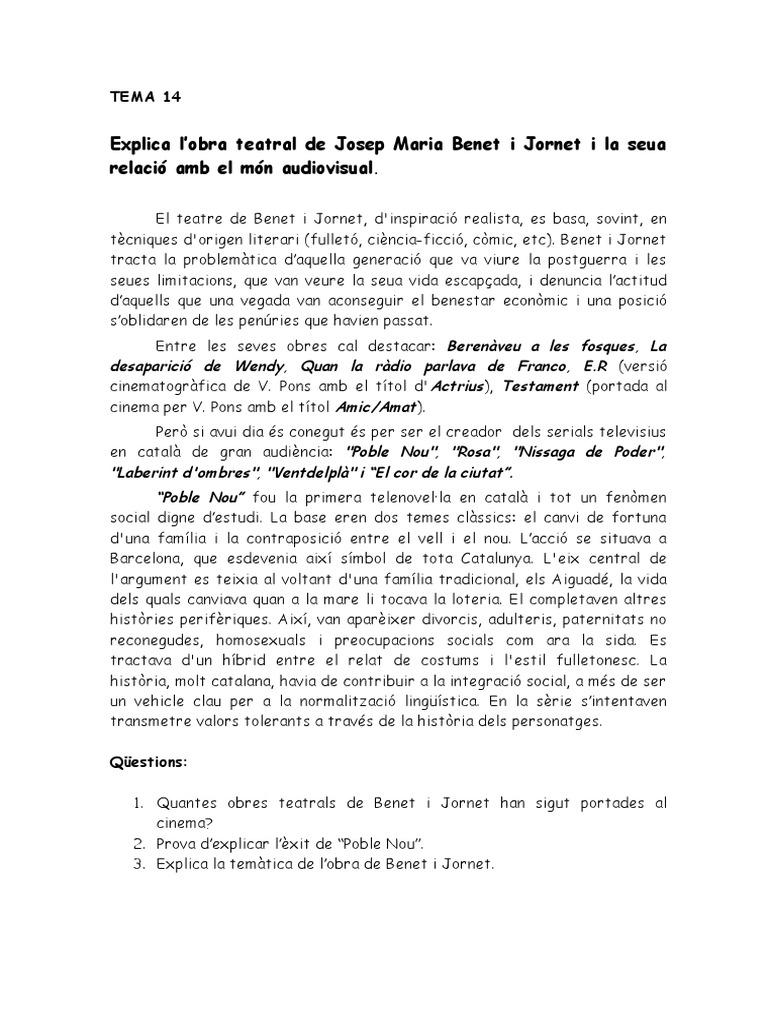 Tema 14. Explica L'obra Teatral de Josep Maria Benet I Jornet I La Seua ...