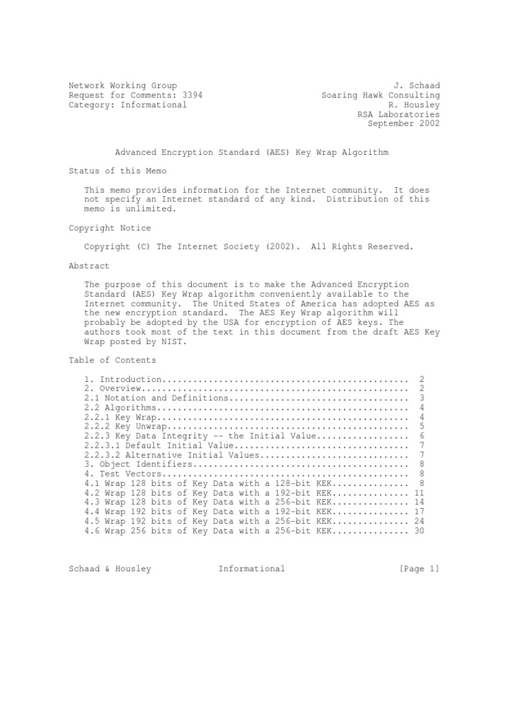 Rfc 3394 Advanced Encryption Standard Aes Key Wrap Algorithm Key Cryptography Cryptography