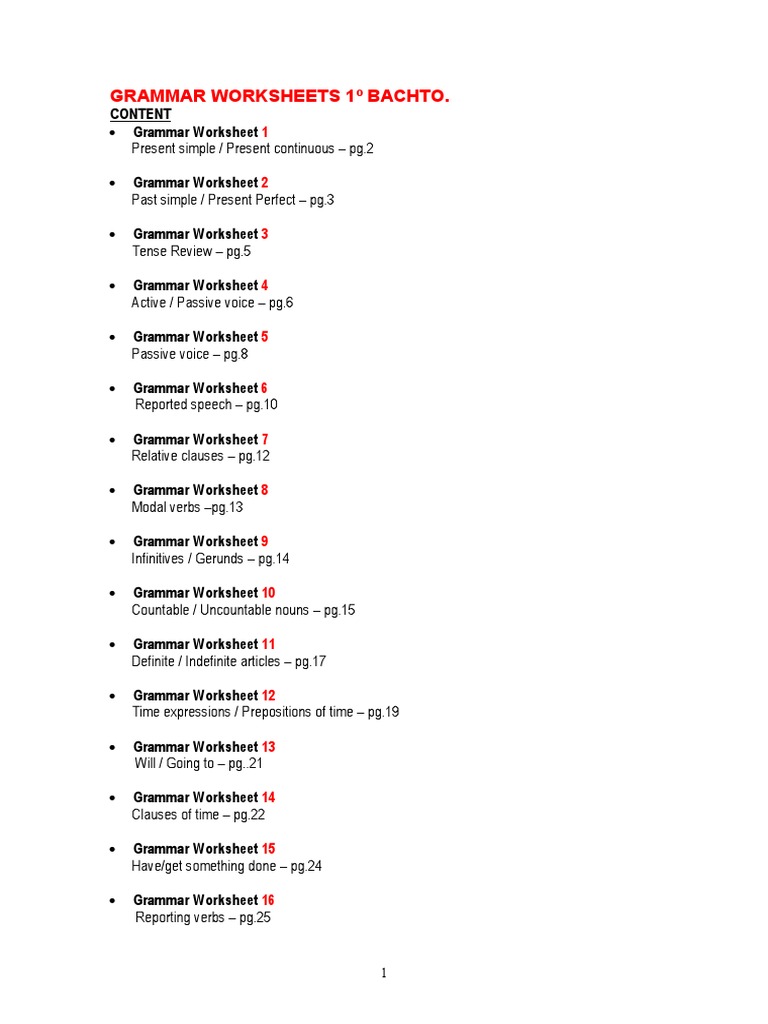Comprehensive Grammar Worksheets 1º Bach | PDF