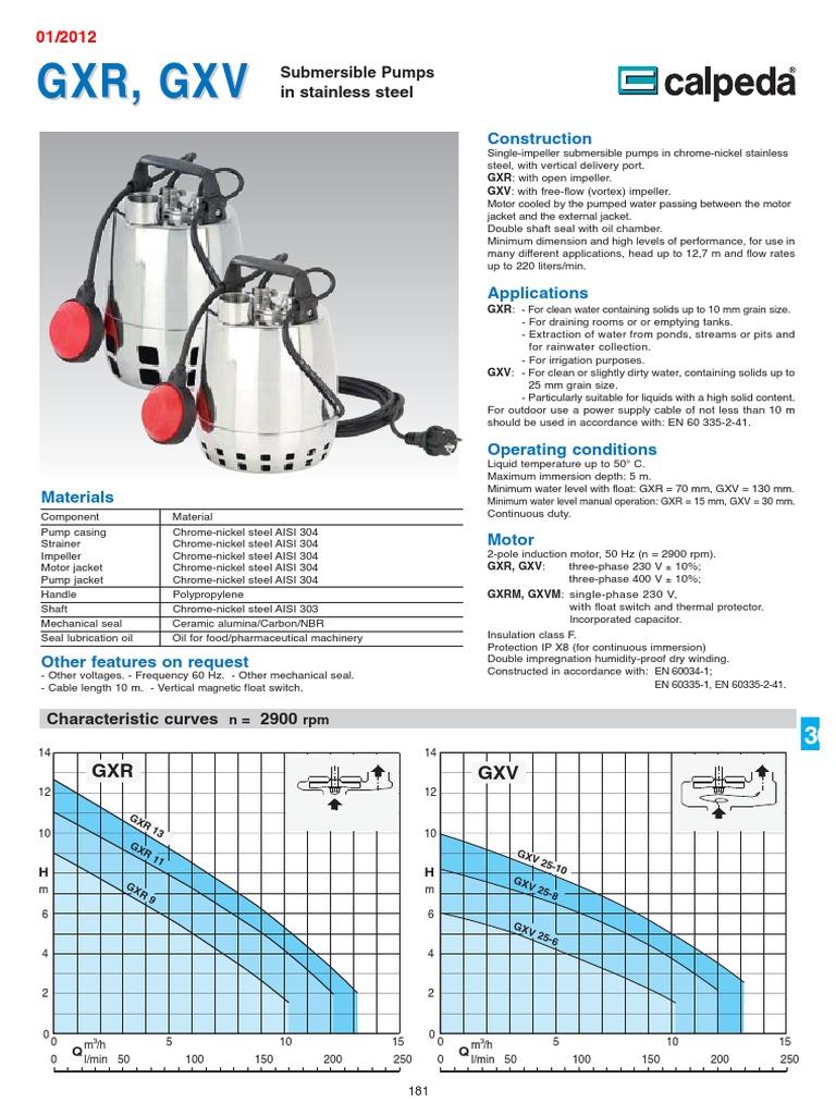 Calpeda GXR, GXV Submersible Drainage Pumps | PDF | Pump | Solid