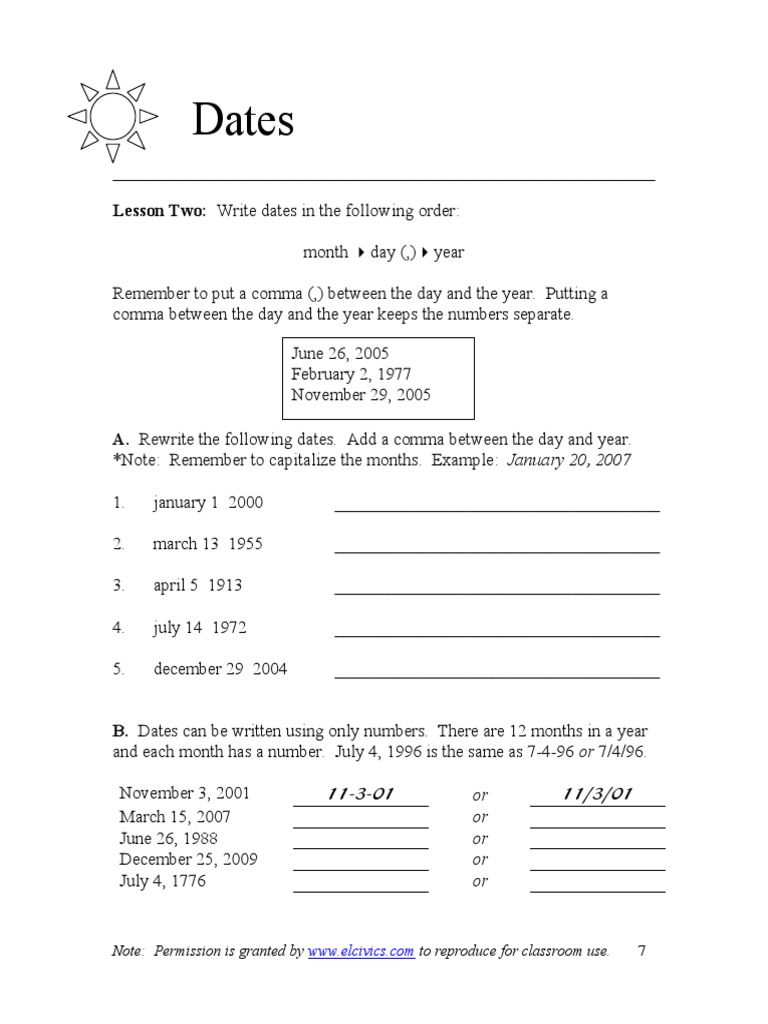 Dates: Lesson Two: Write Dates in The Following Order | PDF