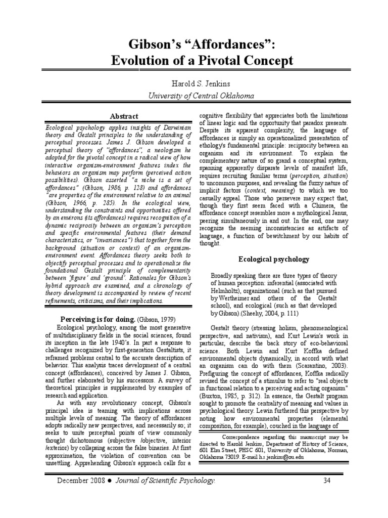 Evolution of Gibson's Affordance Theory | PDF | Perception | Psychology
