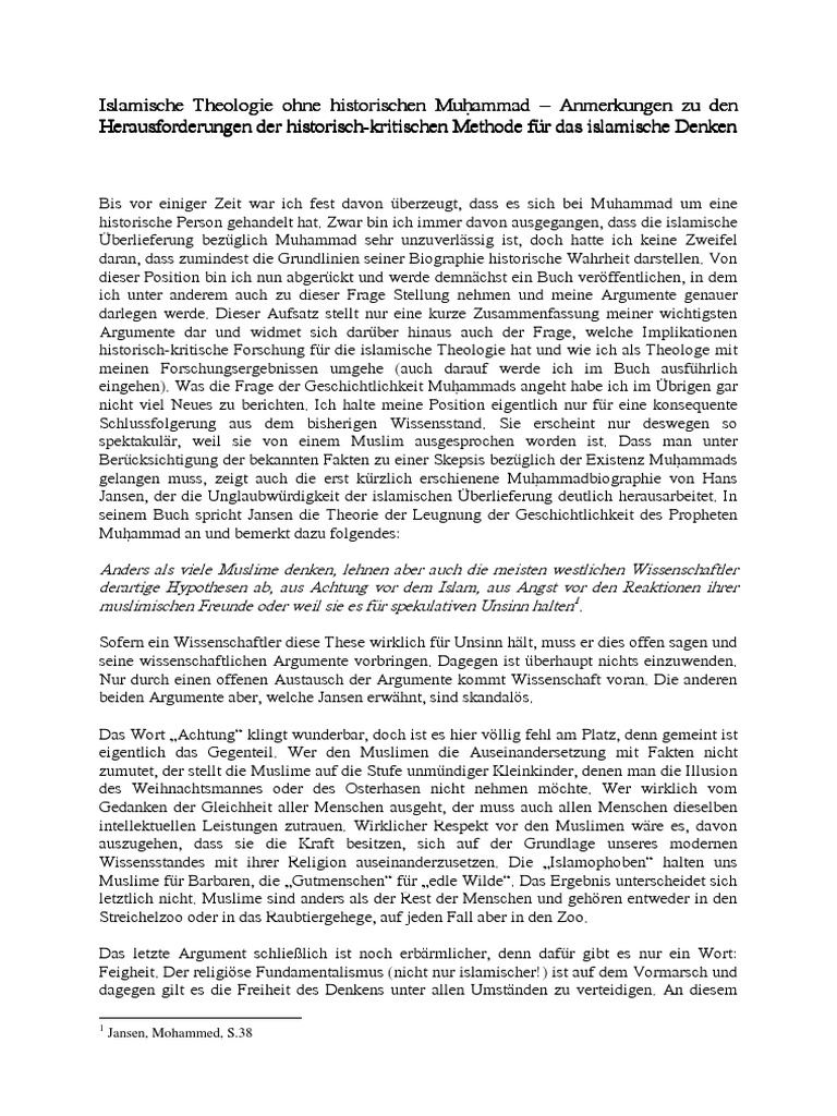 Kalisch Islamische Theologie Ohne Historischen Muhammad (German) | PDF