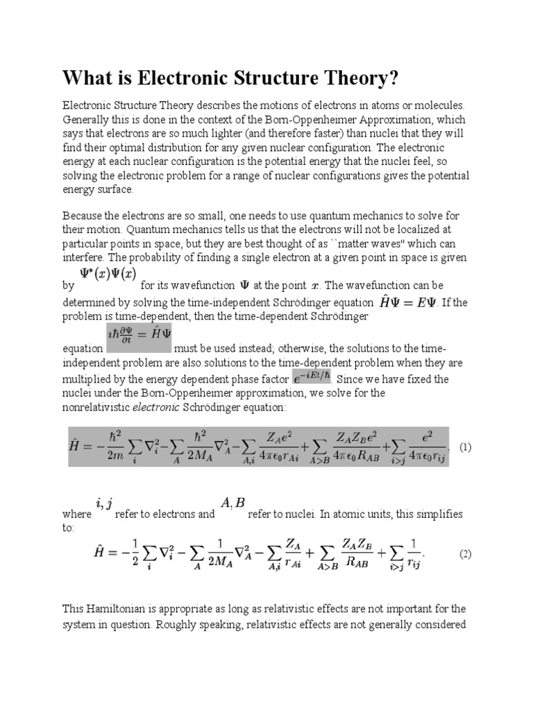 What Is Electronic Structure Theory Pdf Wave Function Vector Space