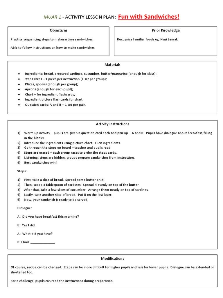 Sandwich Making Activity Plan | PDF | Eating Behaviors Of Humans | Foods