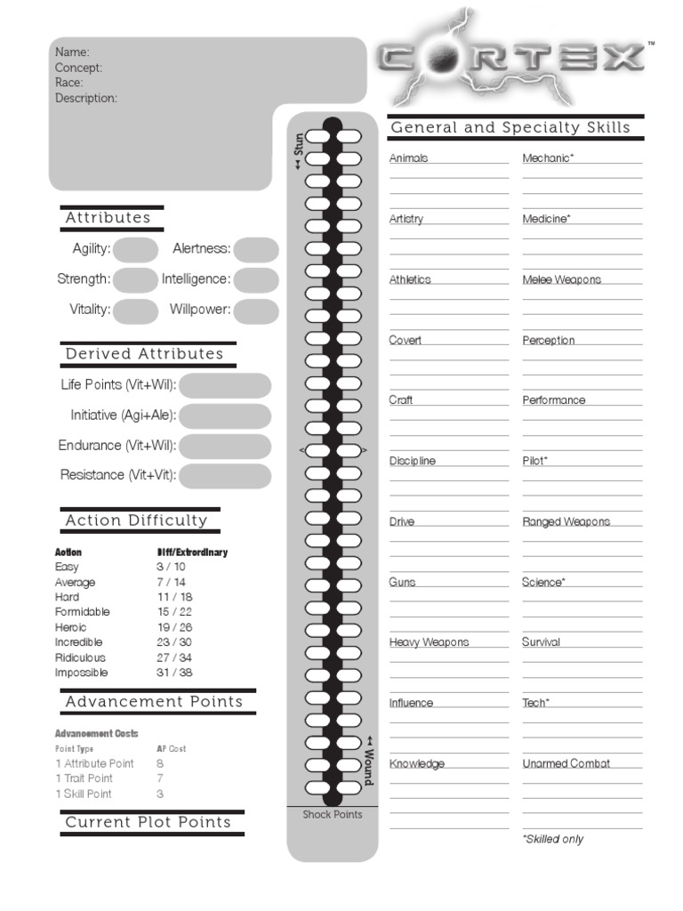 Cortex Character Sheet | PDF | Dice | Gaming