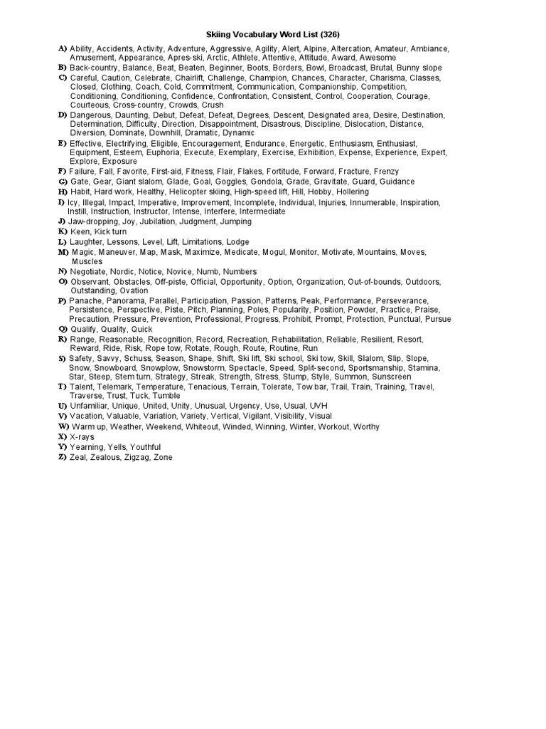 Skiing Vocabulary Word List | Download Free PDF | Outdoor Recreation | Snow