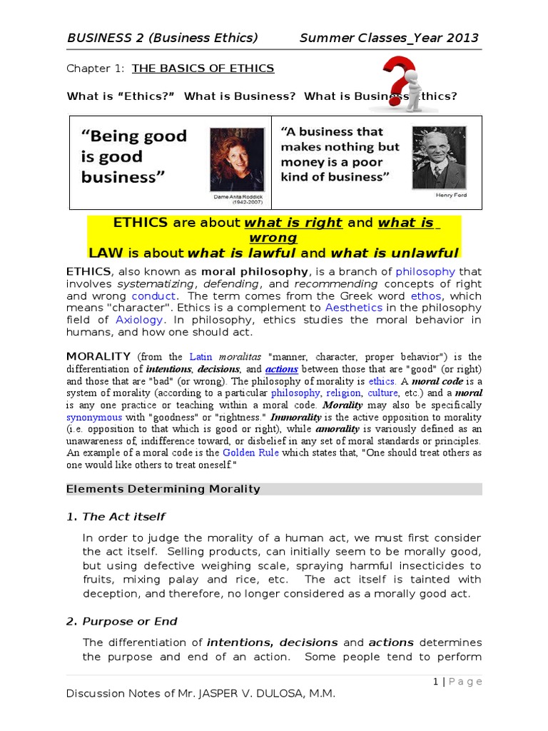 Classroom Notes - Business Ethics | Download Free PDF | Morality ...