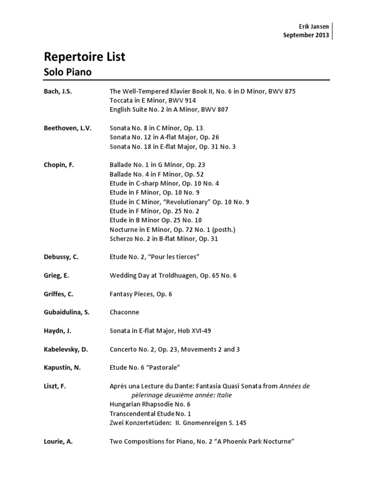 Comprehensive Piano Repertoire List | PDF