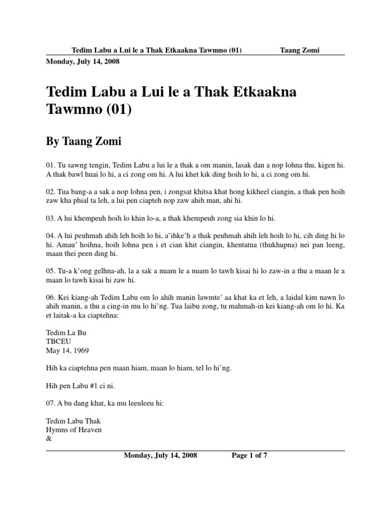 Tedim Labu A Lui Le A Thak Etkaakna Tawmno | PDF