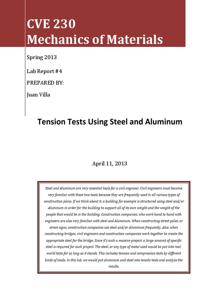 Tension Tests Using Steel and Aluminum Lab Report | PDF | Strength Of ...