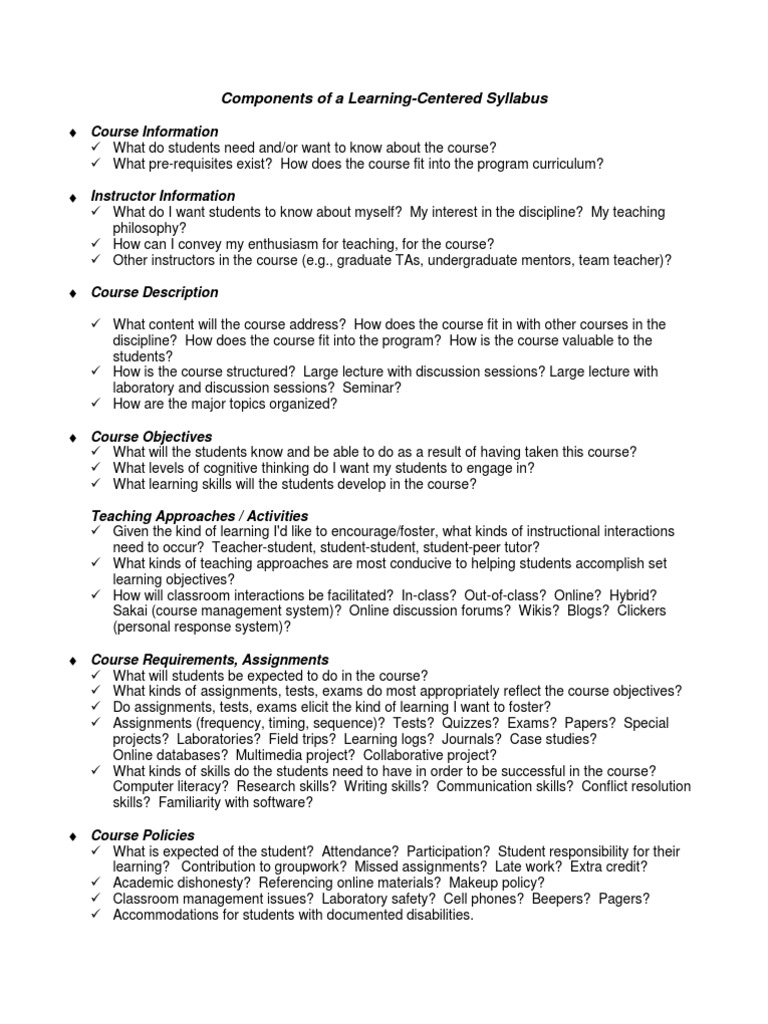 Components of A Learning-Centered Syllabus: Teaching Approaches ...