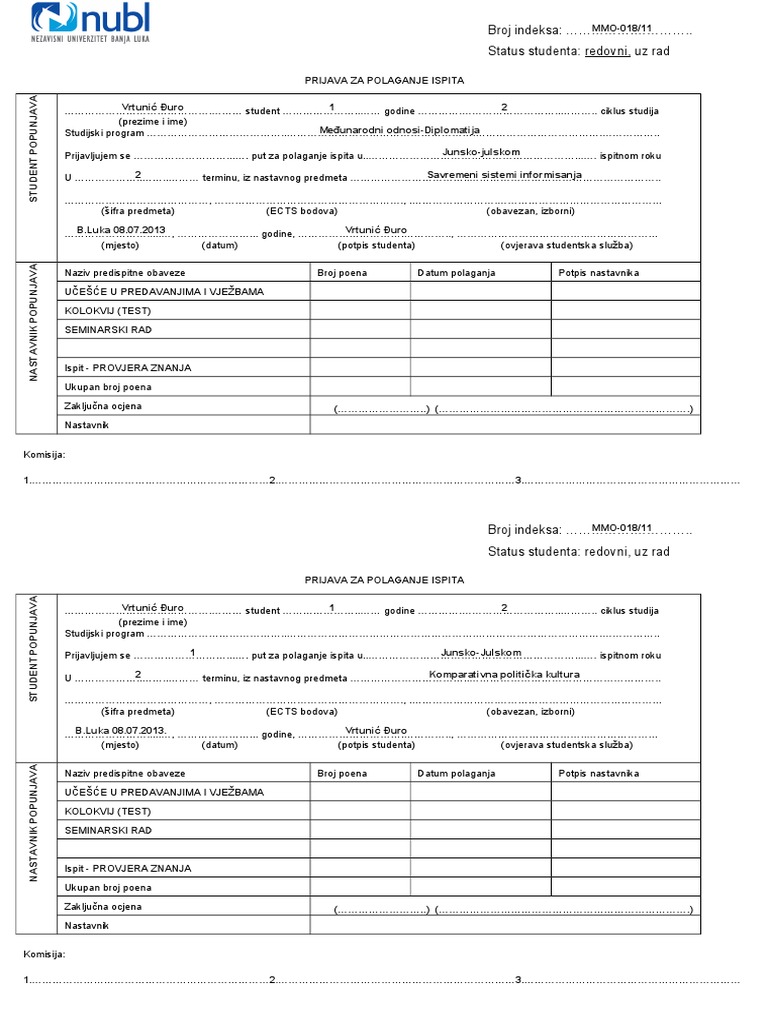 Prijava Za Polaganje Ispita | PDF