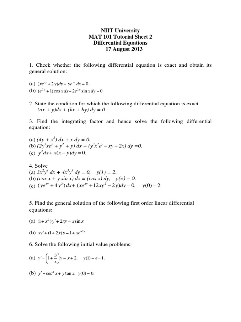 Differential Equations Tutorial Sheet | PDF