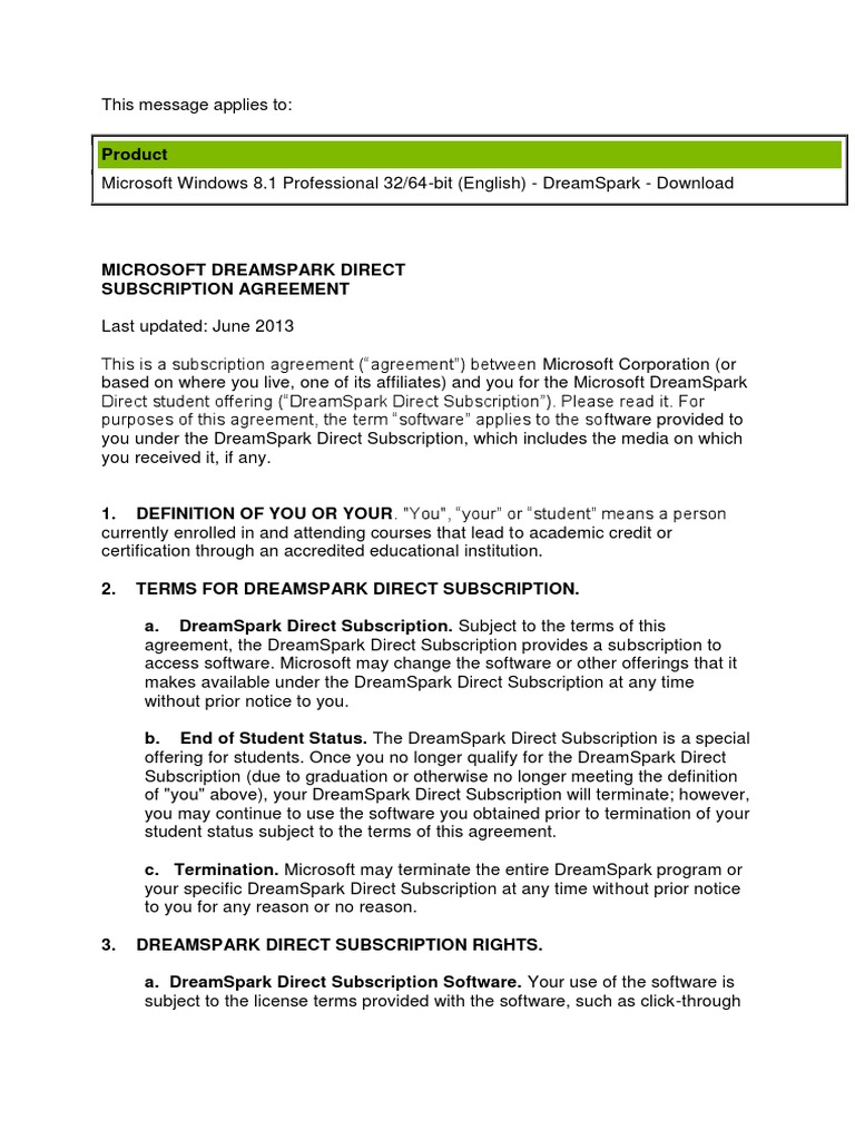 Microsoft Dreamspark Eula | Download Free PDF | Damages | Microsoft Windows