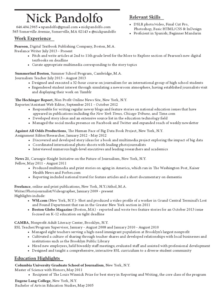 Nick Pandolfo's Resume | PDF | Journalism | New York City