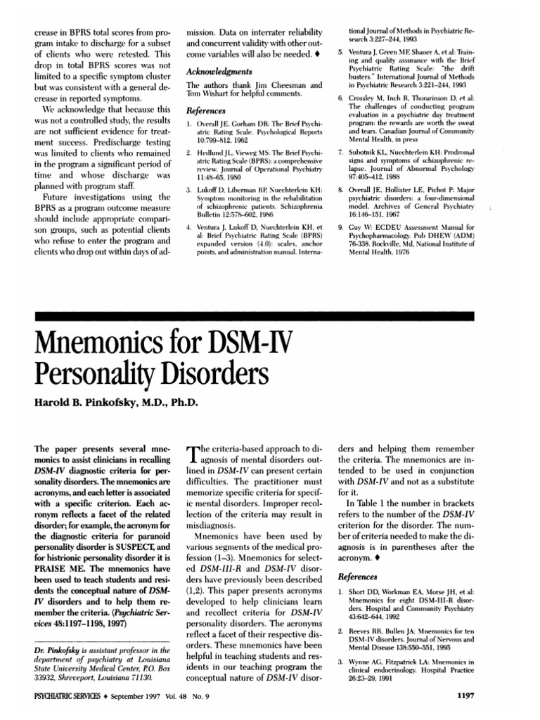 Menumonic For DSM-IV | PDF | Personality Disorder | Psychiatry