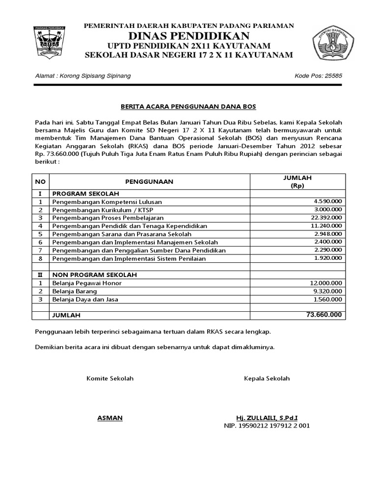 Berita Acara Penggunaan Dana Bos | PDF | Bisnis