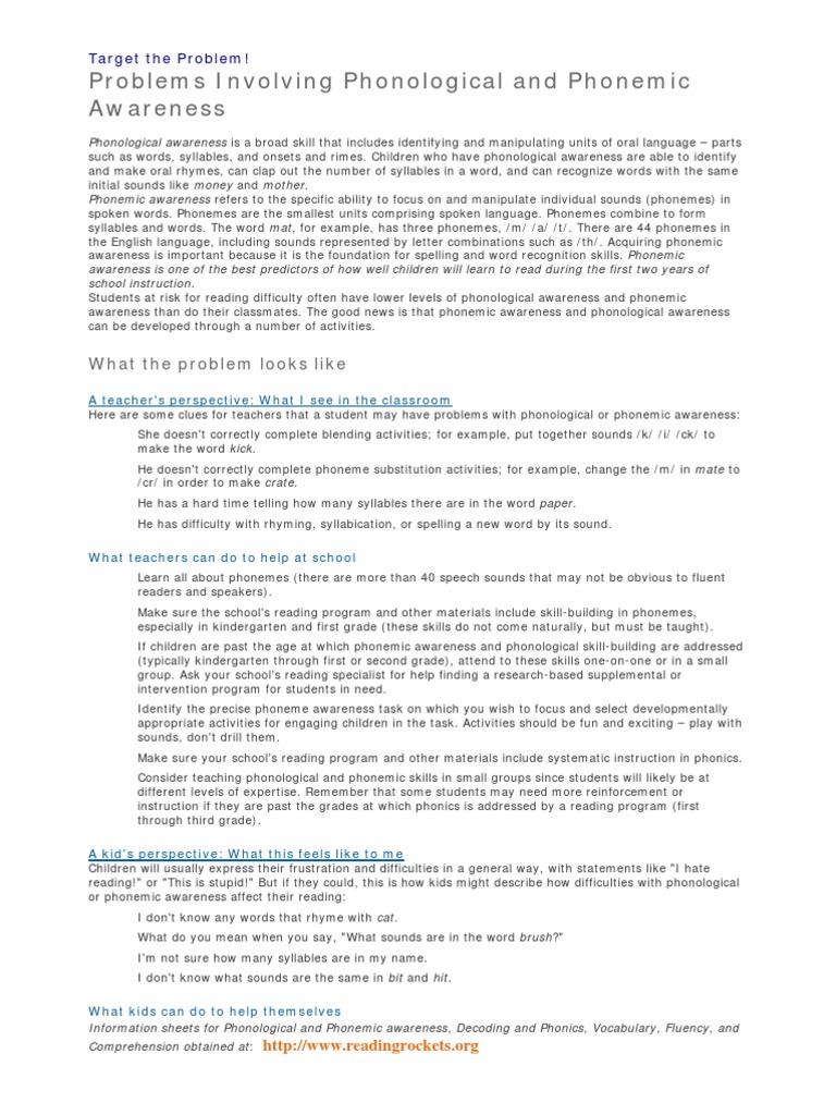 Problems Involving Phonological and Phonemic Awareness | PDF | Phonics | Reading Comprehension