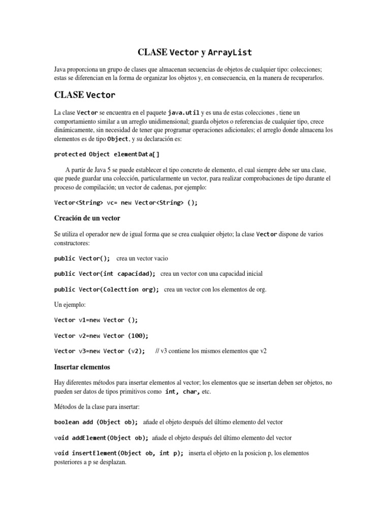Clase Vector Y Arraylist Pdf Estructura De Datos De Matriz Java Lenguaje De Programación