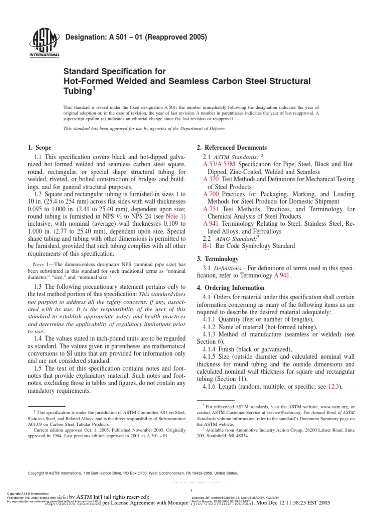 Astm A501 | PDF | Pipe (Fluid Conveyance) | Ultimate Tensile Strength