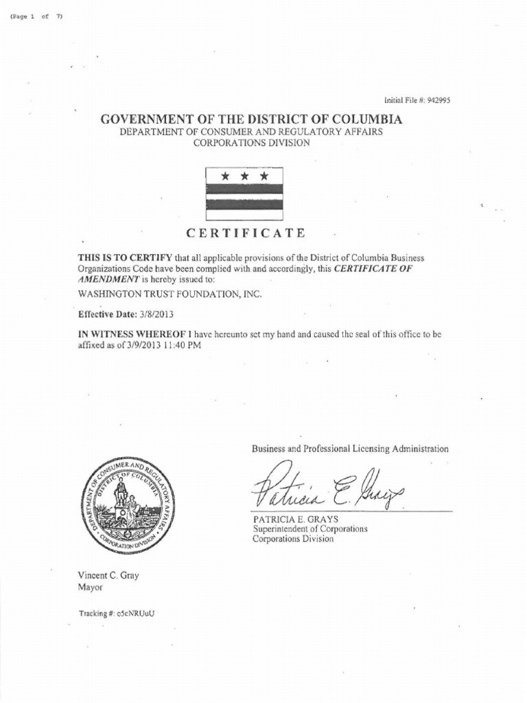 WTF Incorporation Docs (DCRA File Re WTF Fka CAIR-An As of 6.18.13 ...