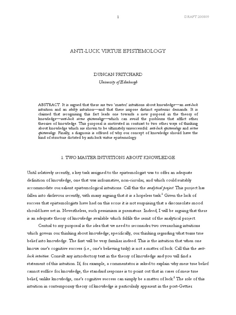 Anti-Luck Virtue Epistemology: University of Edinburgh | PDF ...