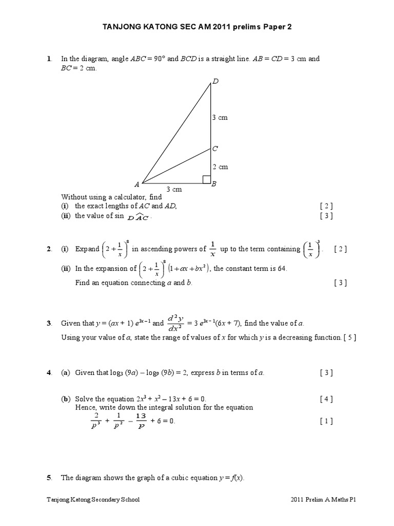 Tanjong - Katong - 2011 A Maths Prelim P2 | PDF | Trigonometric Functions | Equations