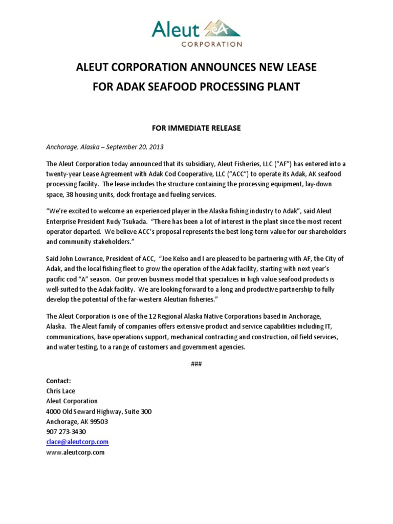 New Operator Leases Adak Processing Plant | PDF | Business