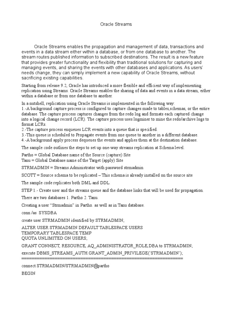Oracle Streams | PDF | Oracle Database | Pl/Sql