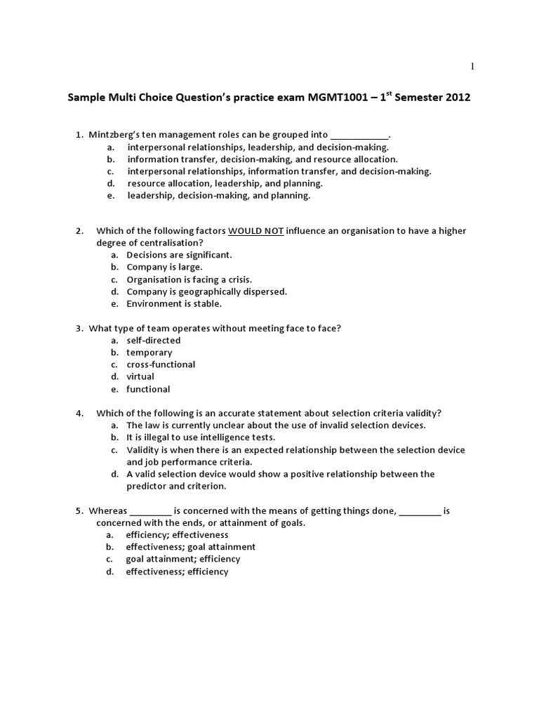Final Exam Sample MCQ MGMT1001 | PDF | Leadership | Power (Social And ...