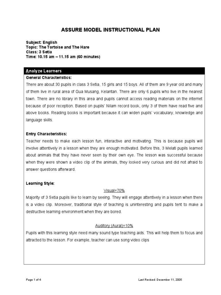 Assure Model Instructional Plan: Analyze Learners | PDF | Educational ...