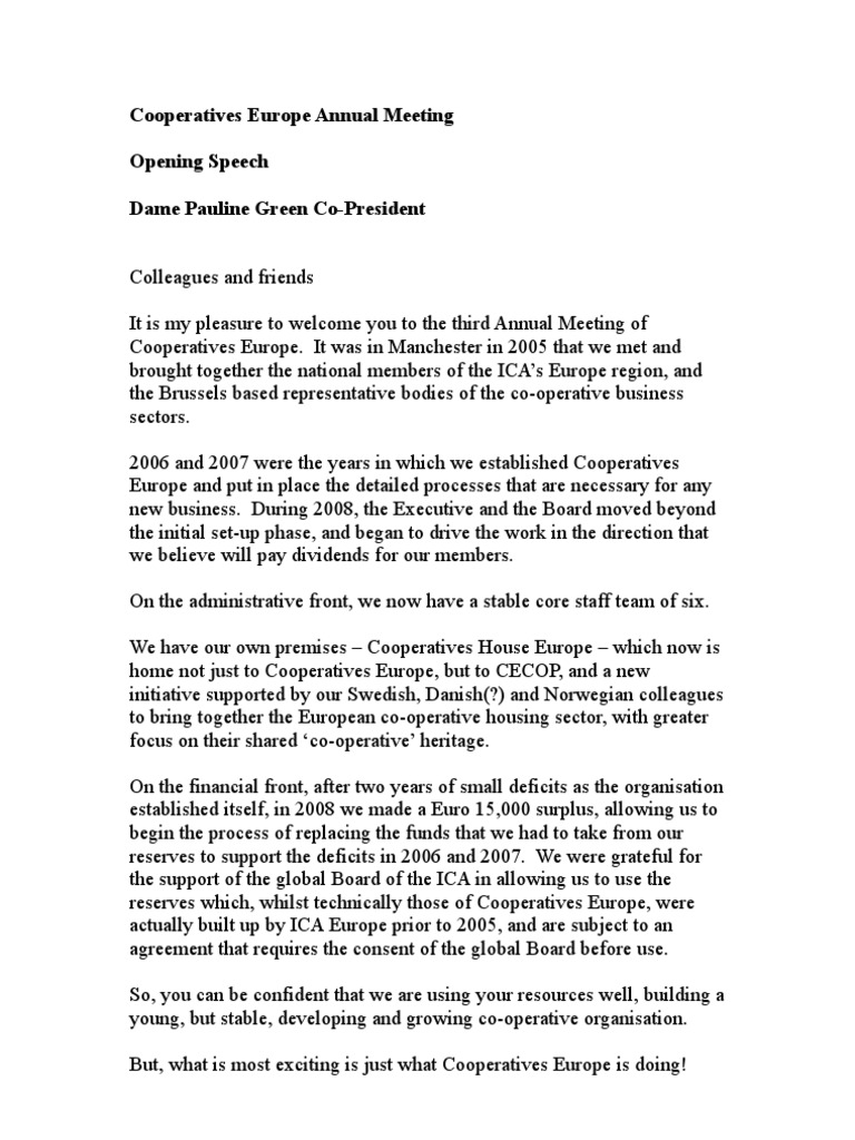 Sofia 2009 General Assembly - Opening Speech | Cooperative | European Union