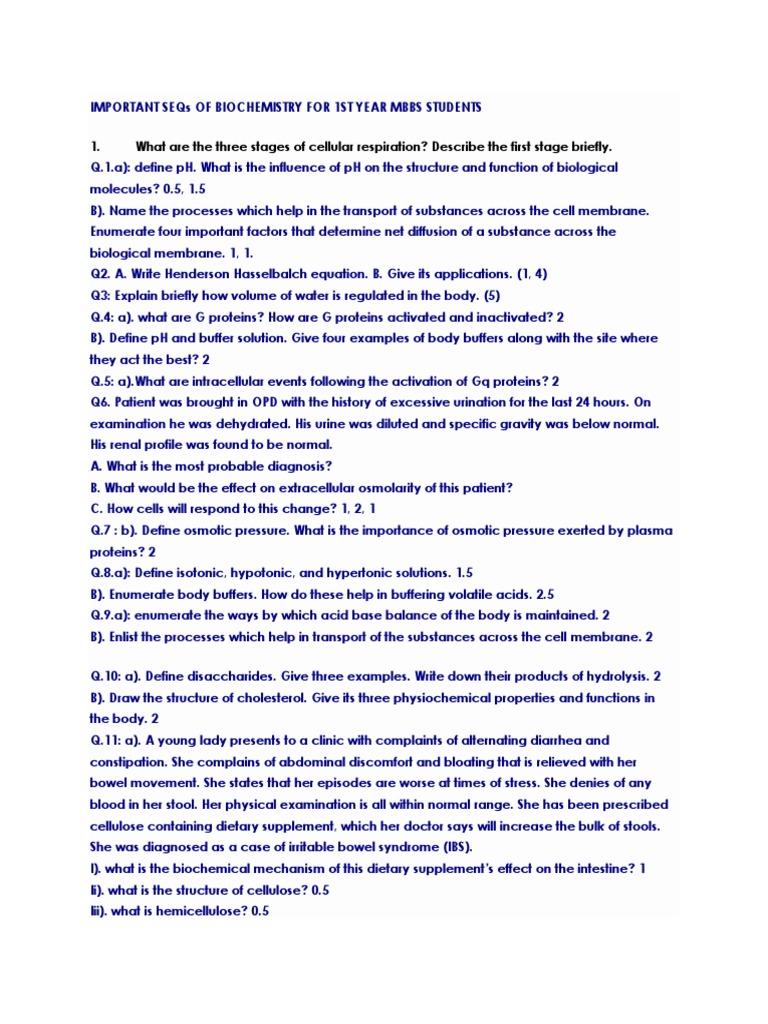 Important Seqs of Biochemistry For 1st Year Mbbs Students | PDF ...