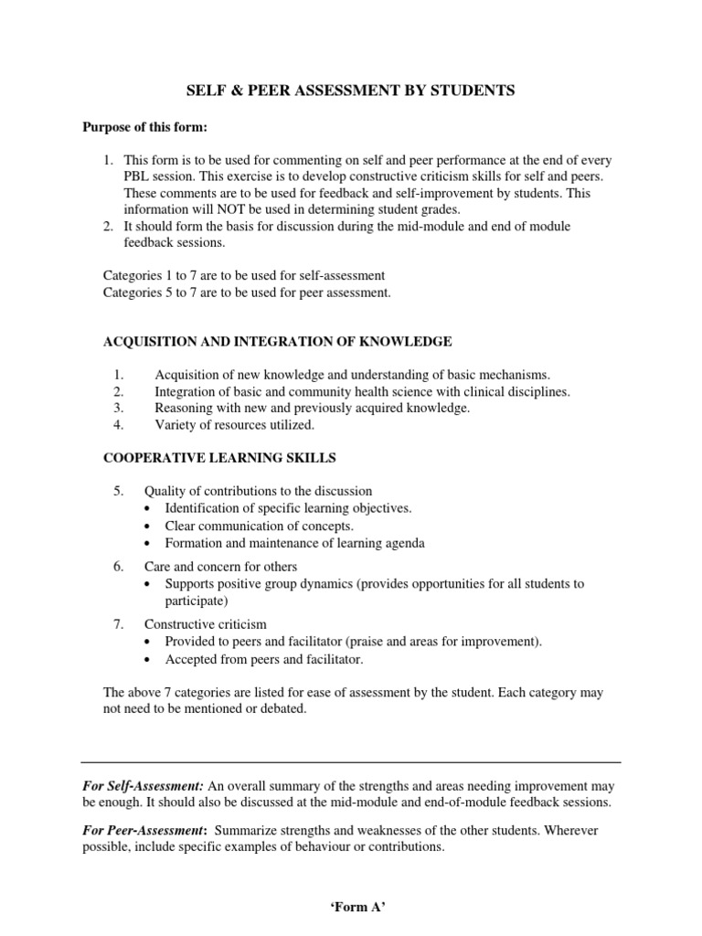 Student Self & Peer Assessment Guide | PDF | Career & Growth | Business